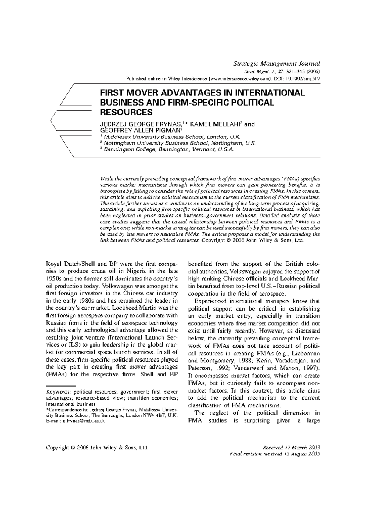 First Mover Advantages Notakta - Strategic Management Journal Strat ...
