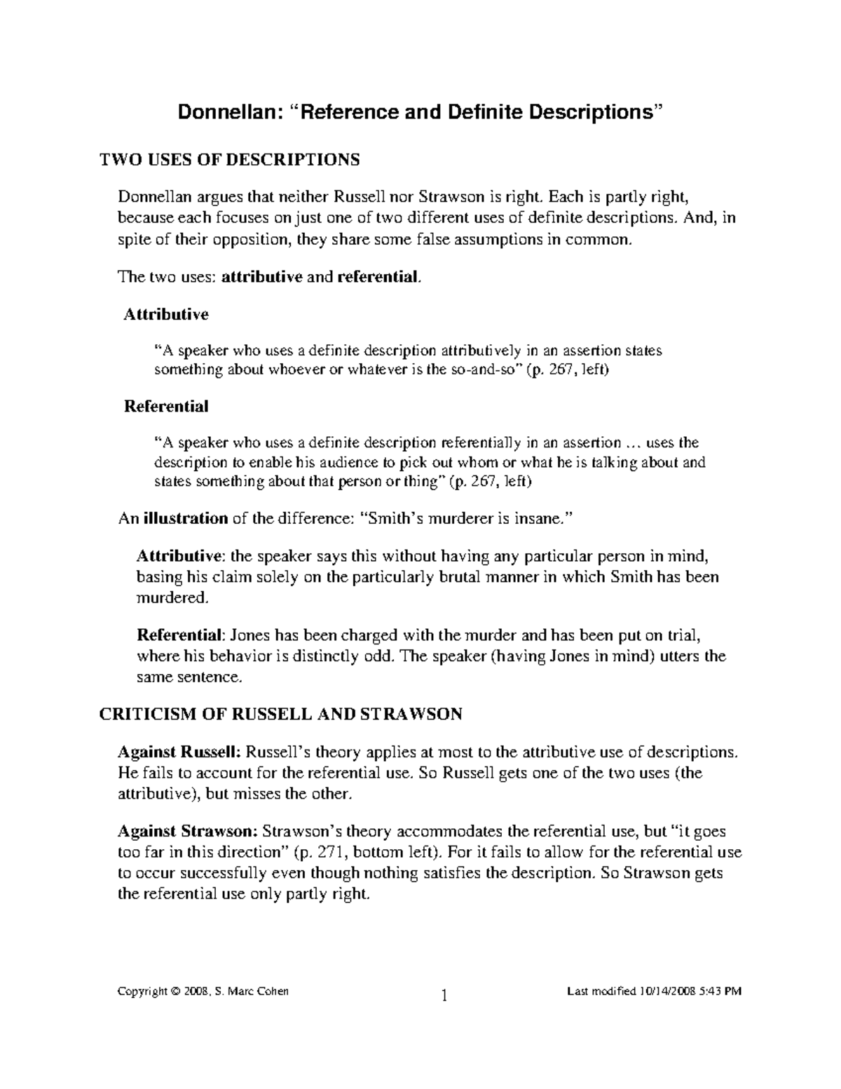 Donnellan Display - Notes - Donnellan: “Reference and Definite ...