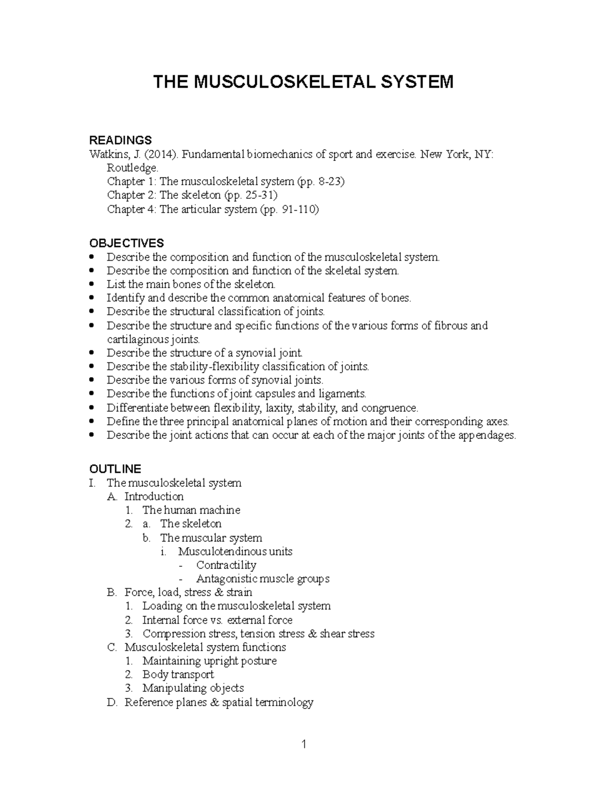 The Musculoskeletal System lecture outline - THE MUSCULOSKELETAL SYSTEM ...