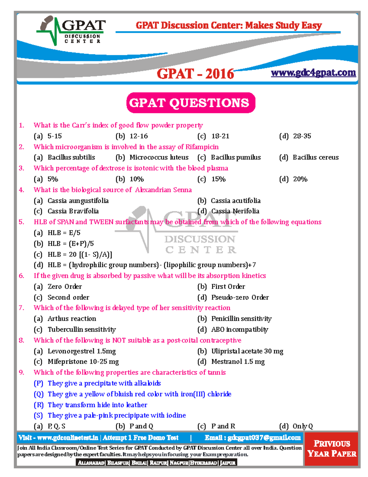 PY GPAT 2016 - PY GPAT 2016 - GPAT QUESTIONS Join All India Classroom ...