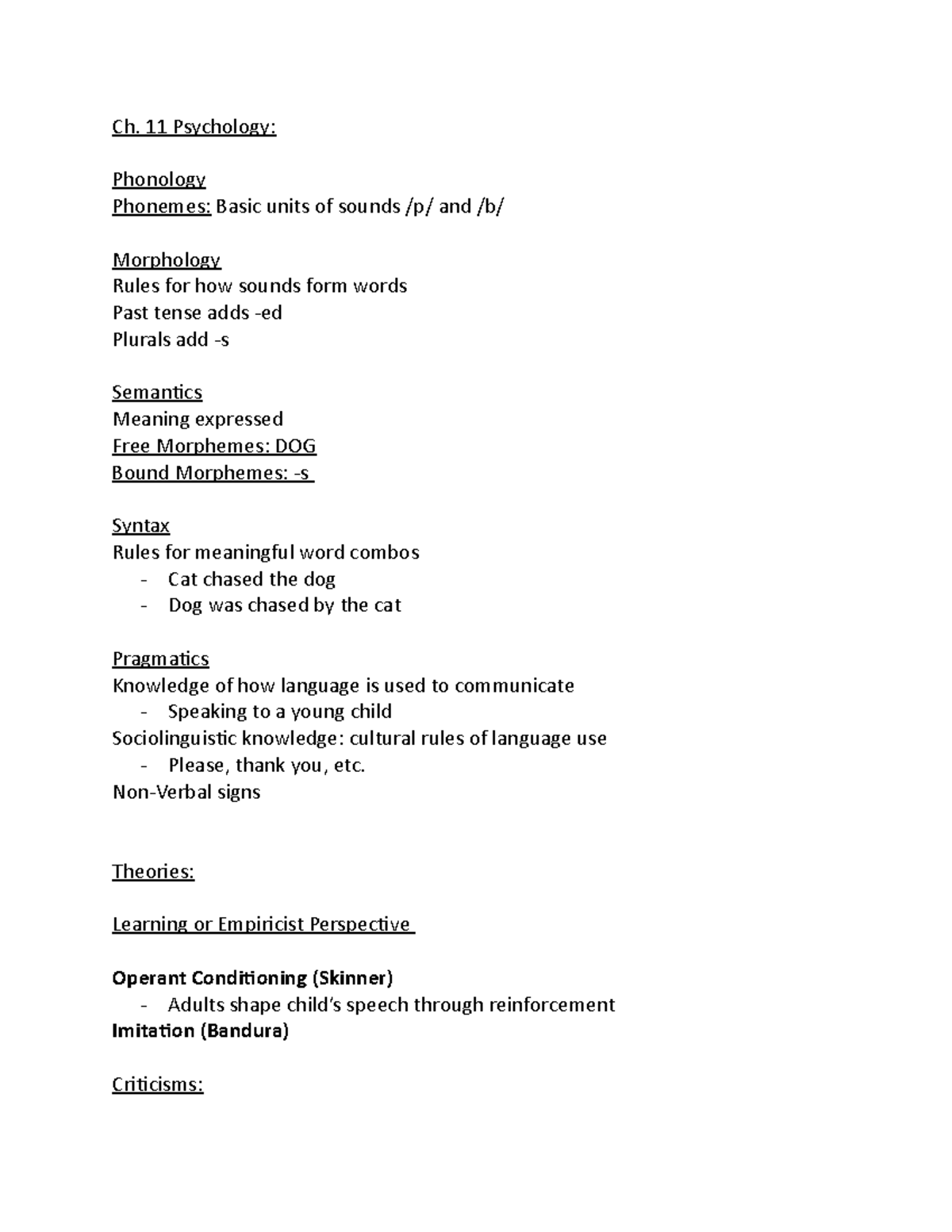 Ch. 11 Psychology - notes - Ch. 11 Psychology: Phonology Phonemes ...