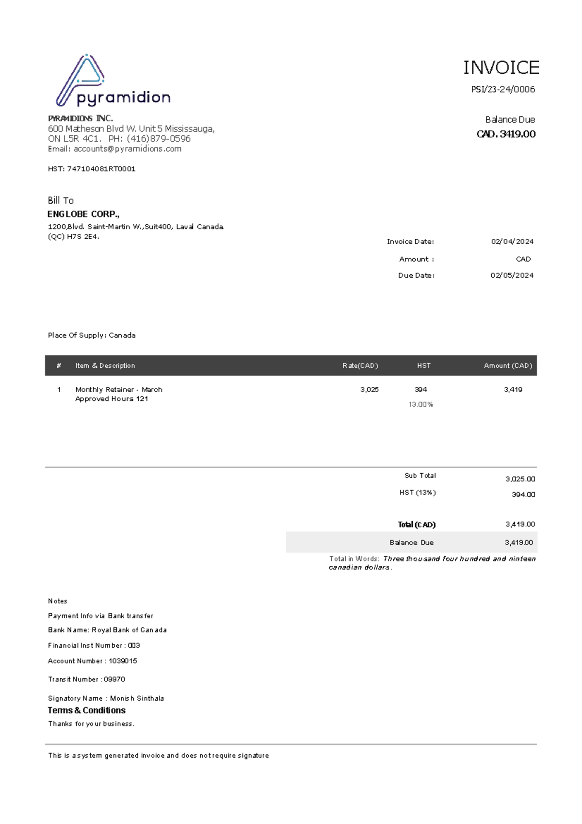 Englobe Invoice March 2024 - # Item & Description Rate(CAD) HST Amount ...