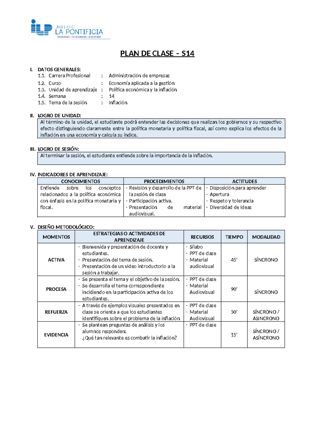S14 (PLAN DE Clase) - APUNTES - PLAN DE CLASE – S I. DATOS GENERALES: 1 ...