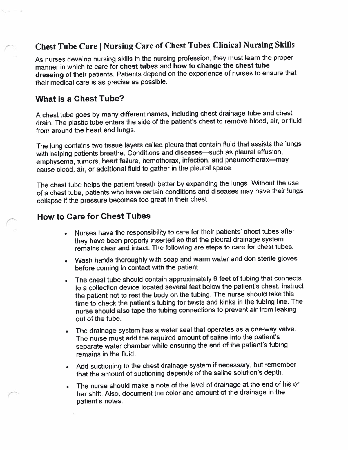 Chest Tube and suctioning handouts - Chest Tube Care I Nursing Care of ...