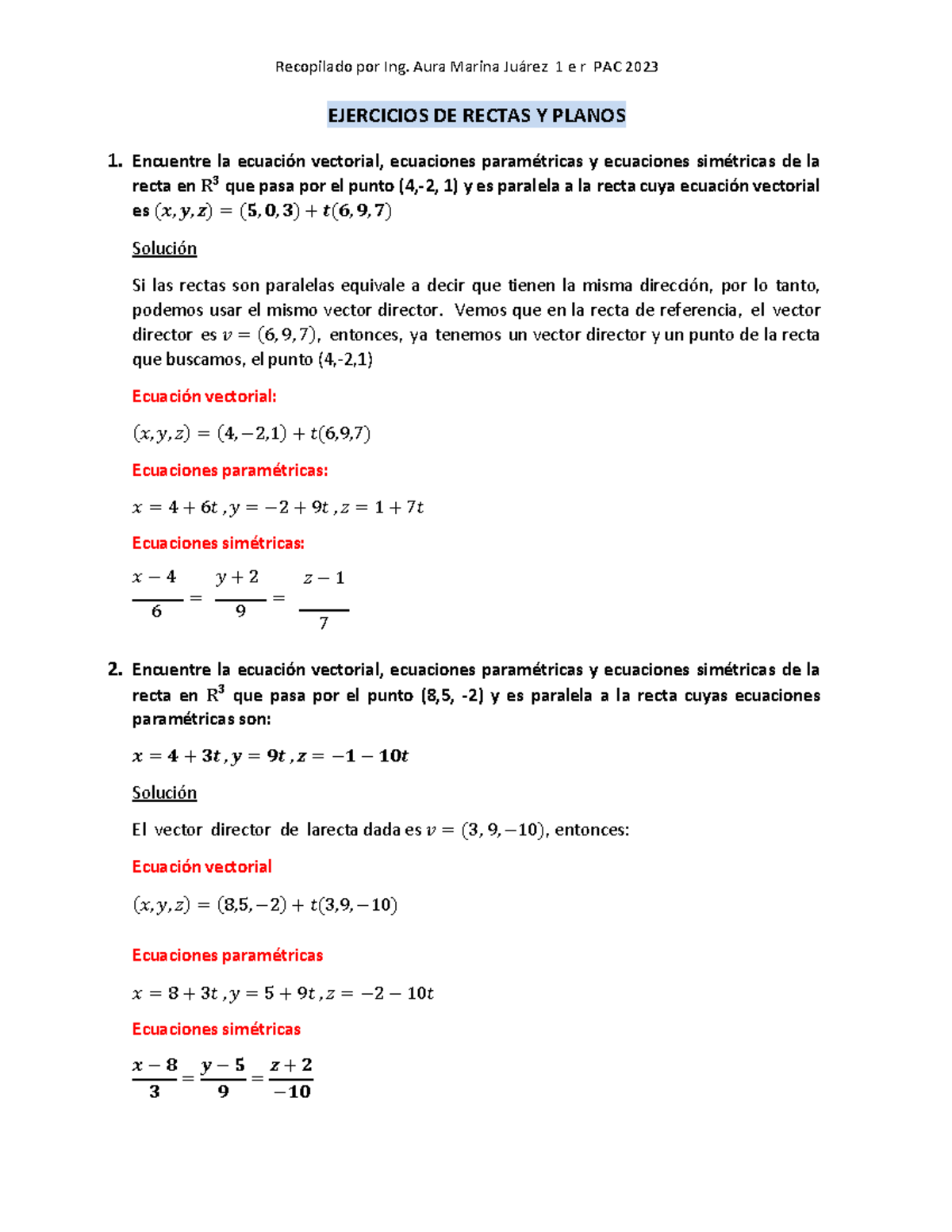 10- Ejerc- Rectas Y Planos - UNAH EJERCICIOS DE RECTAS Y PLANOS 1. Encuentre la ecuación ...