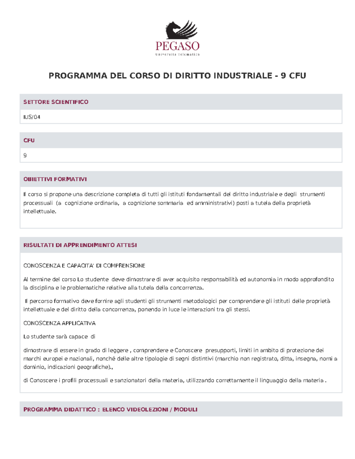 Programma-0801309 IUS04I - PROGRAMMA DEL CORSO DI DIRITTO INDUSTRIALE ...