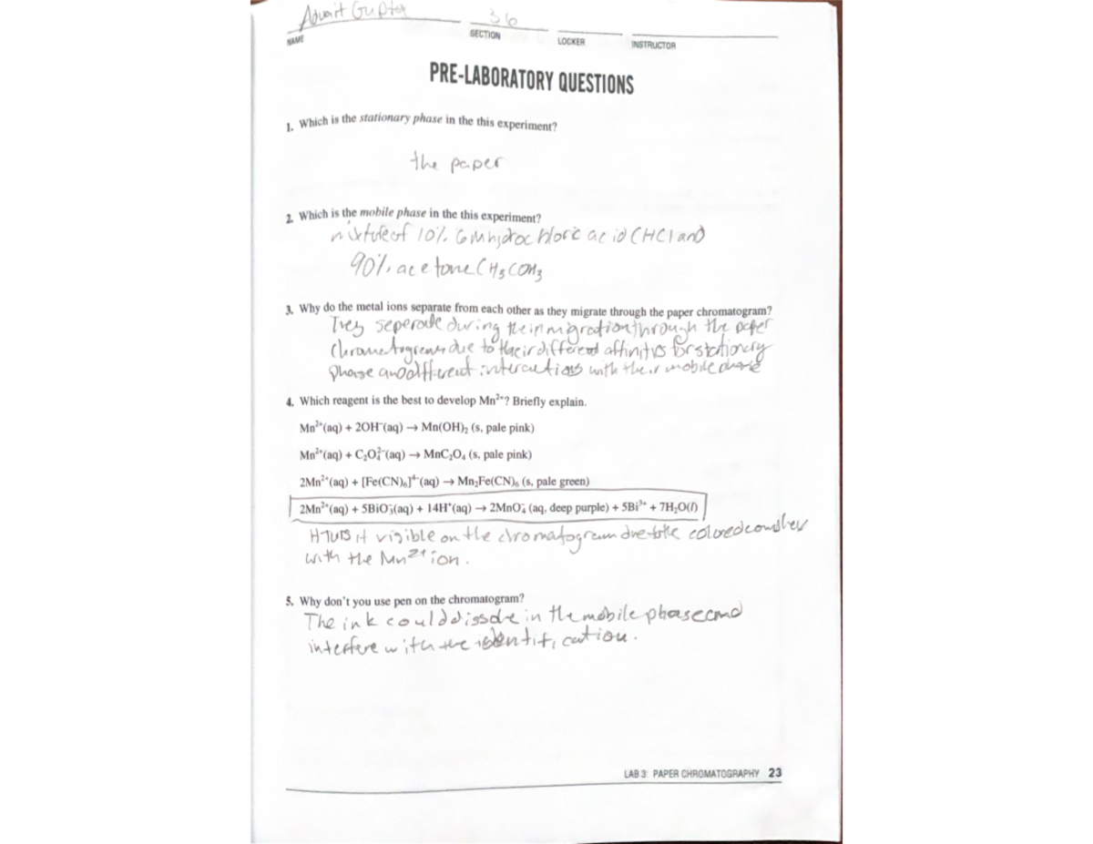 Chem Lab 2 - paper chromatagrphy - e Lab 3: Paper Chromatography Pre ...