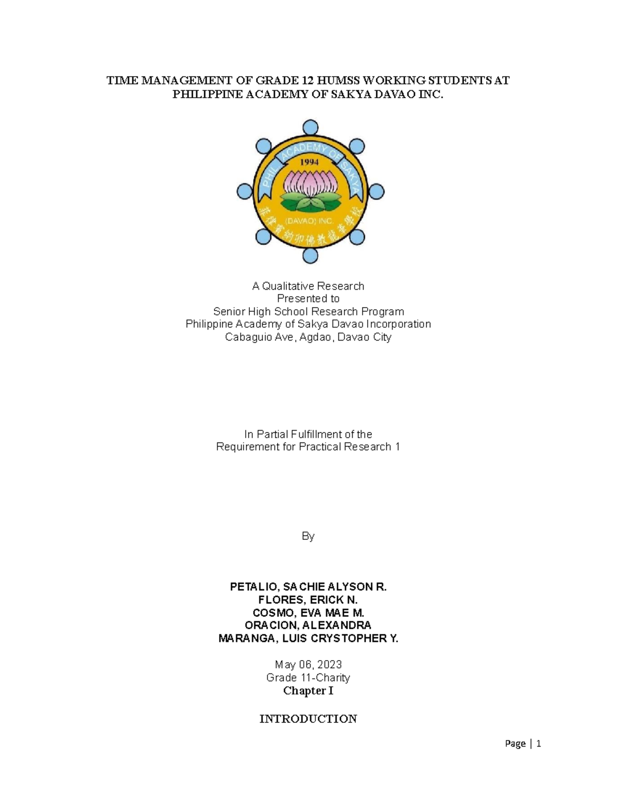 TIME MANAGEMENT OF GRADE 12 HUMSS WORKING STUDENTS AT PHILIPPINE ...