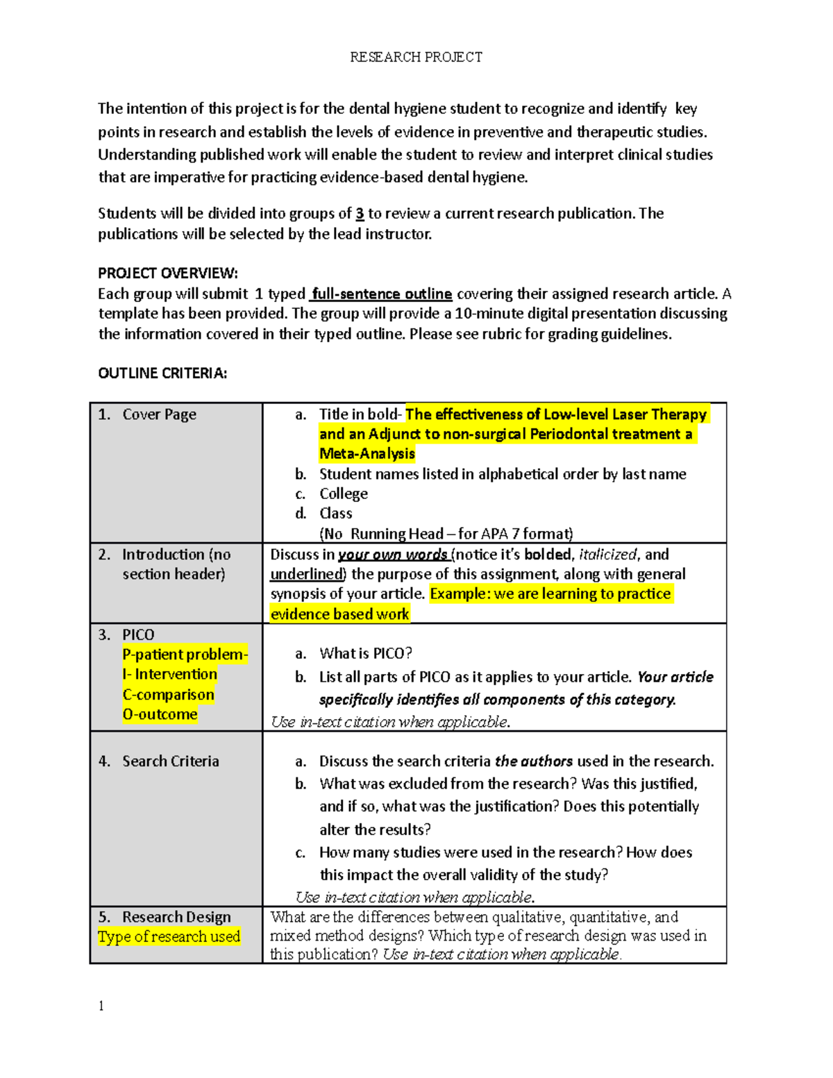Research Project Instructions 1 - RESEARCH PROJECT The intention of ...