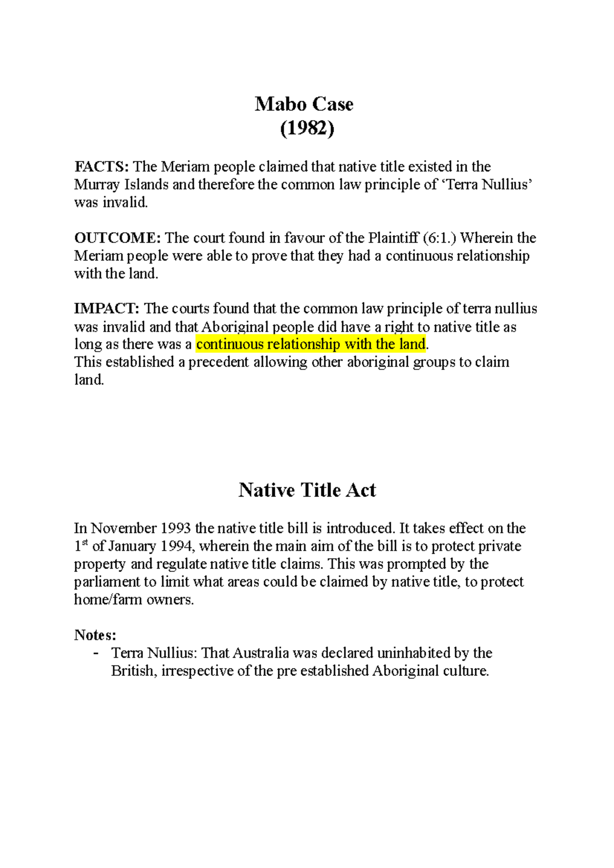 Mabo Case - Unit 1 and 2 - Mabo Case (1982) FACTS: The Meriam people ...