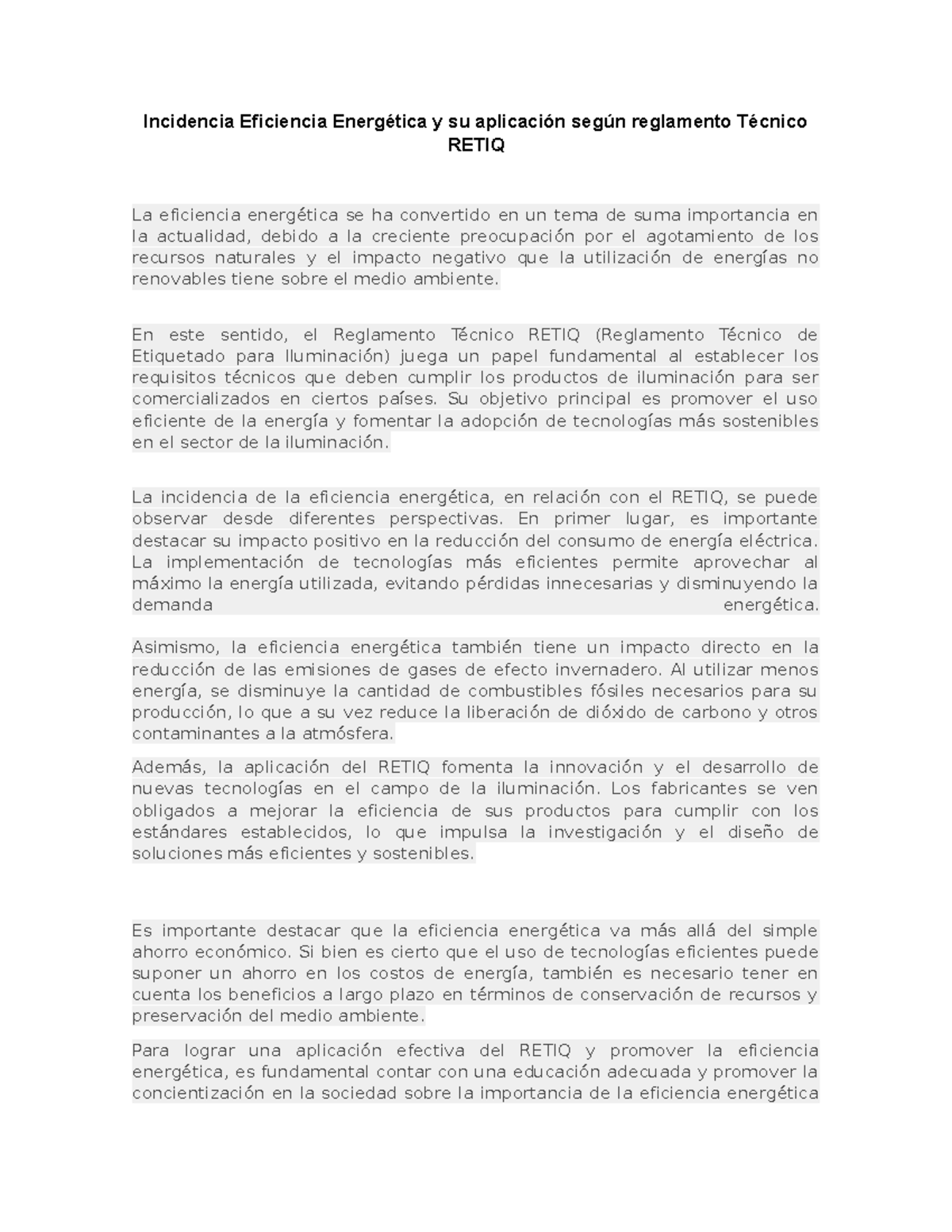 Incidencia Eficiencia Energética y su aplicación según reglamento ...