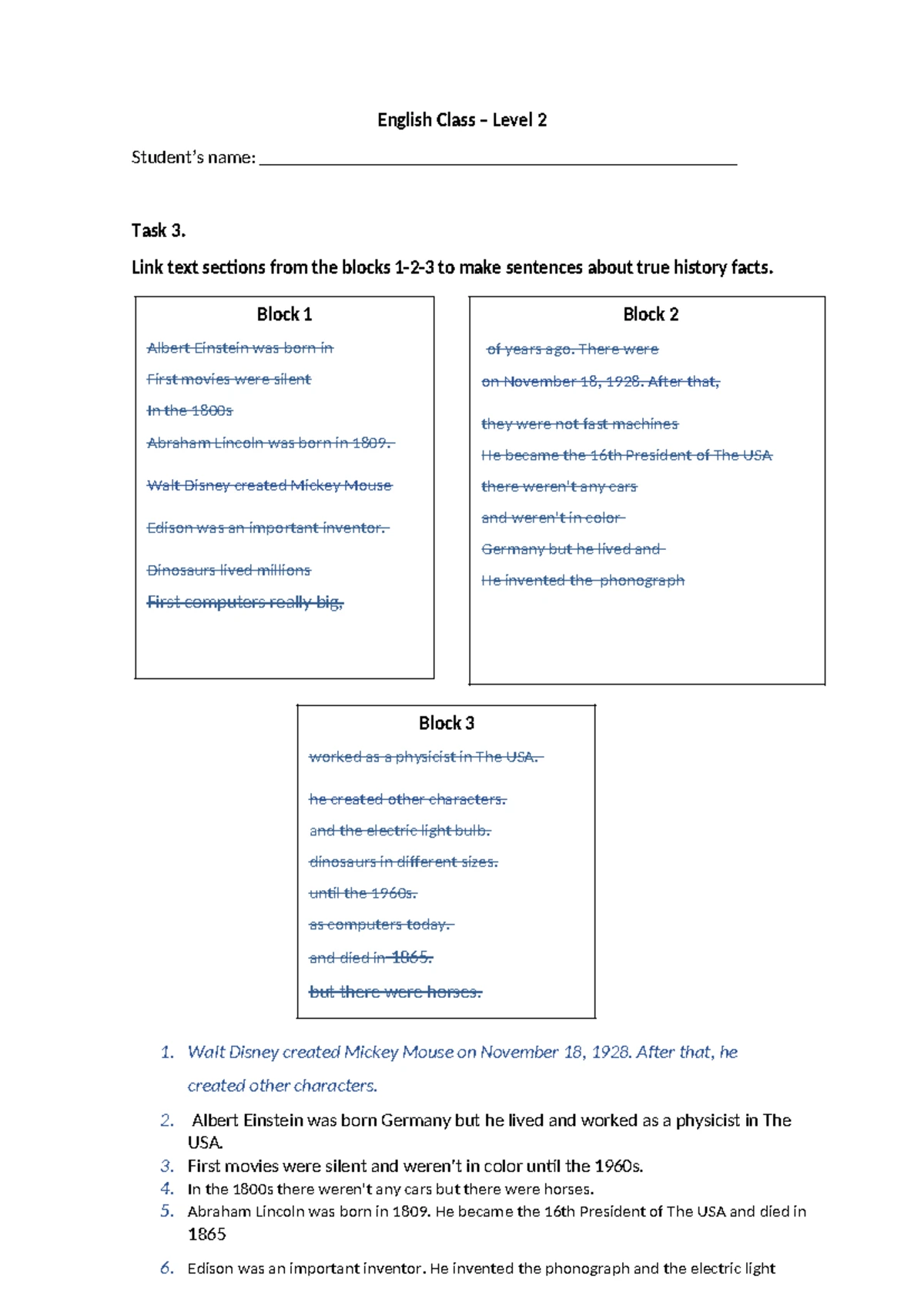 Task 1-convertido - tarea - English Class – Level 2 Student’s name: _ Task 1. Answer the ...