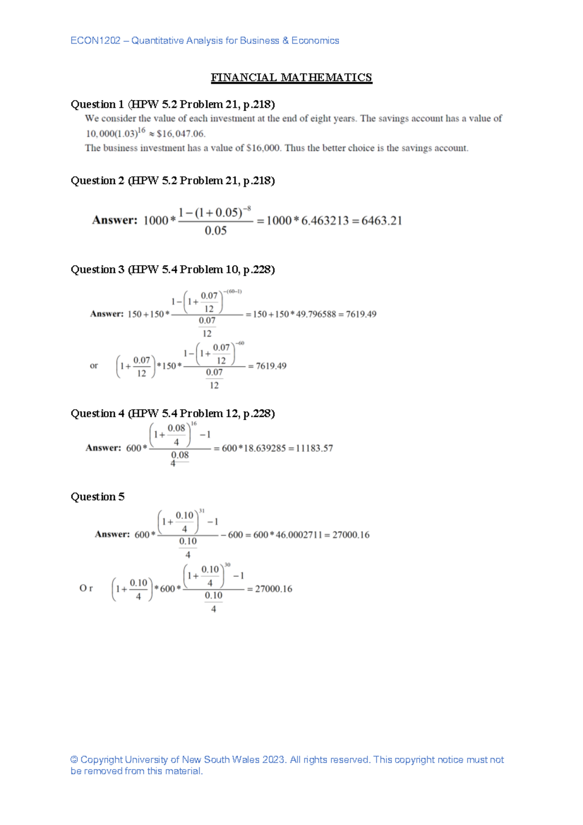 Financial Mathematics Solutions - ECON1202 – Quantitative Analysis for ...