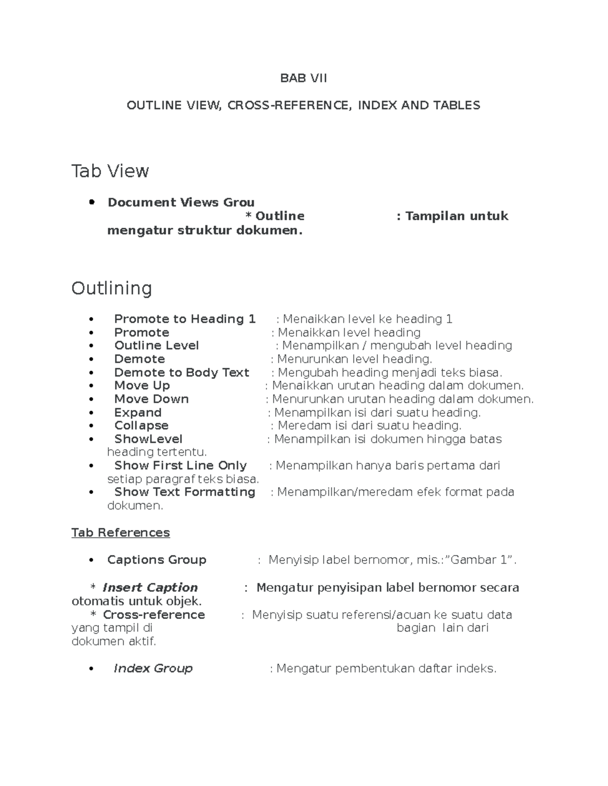 7. Outline VIEW, Cross- Reference, Index AND Tables - BAB VII OUTLINE ...