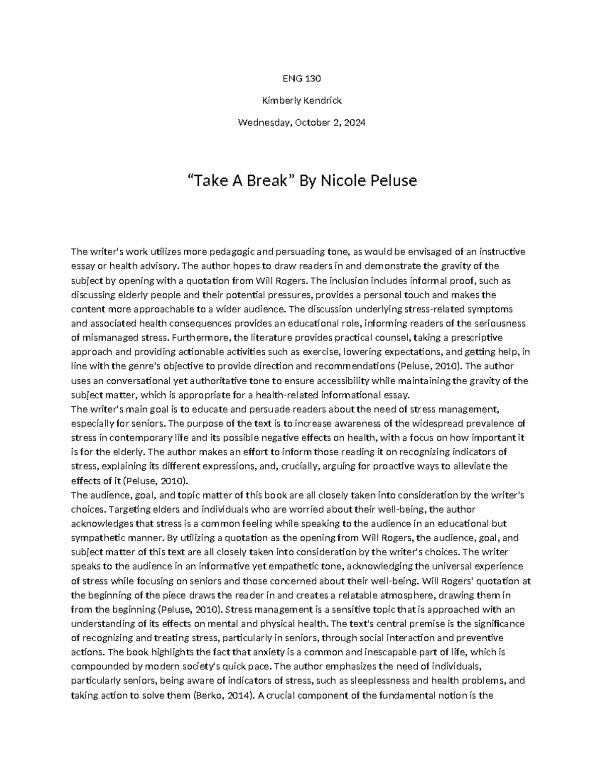 ENG 130 5-1 - essay - ENG 130 Kimberly Kendrick Wednesday, October 2 ...