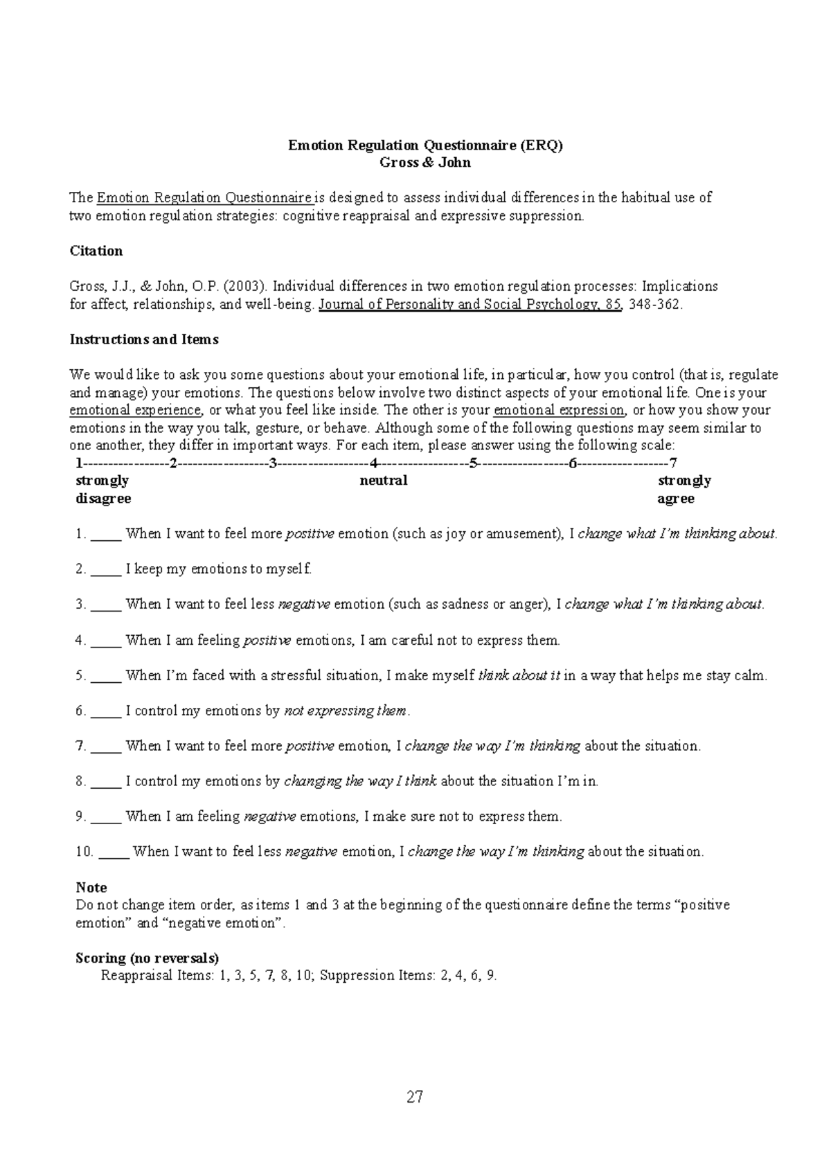 ERQ - 27 Emotion Regulation Questionnaire (ERQ) Gross & John The ...
