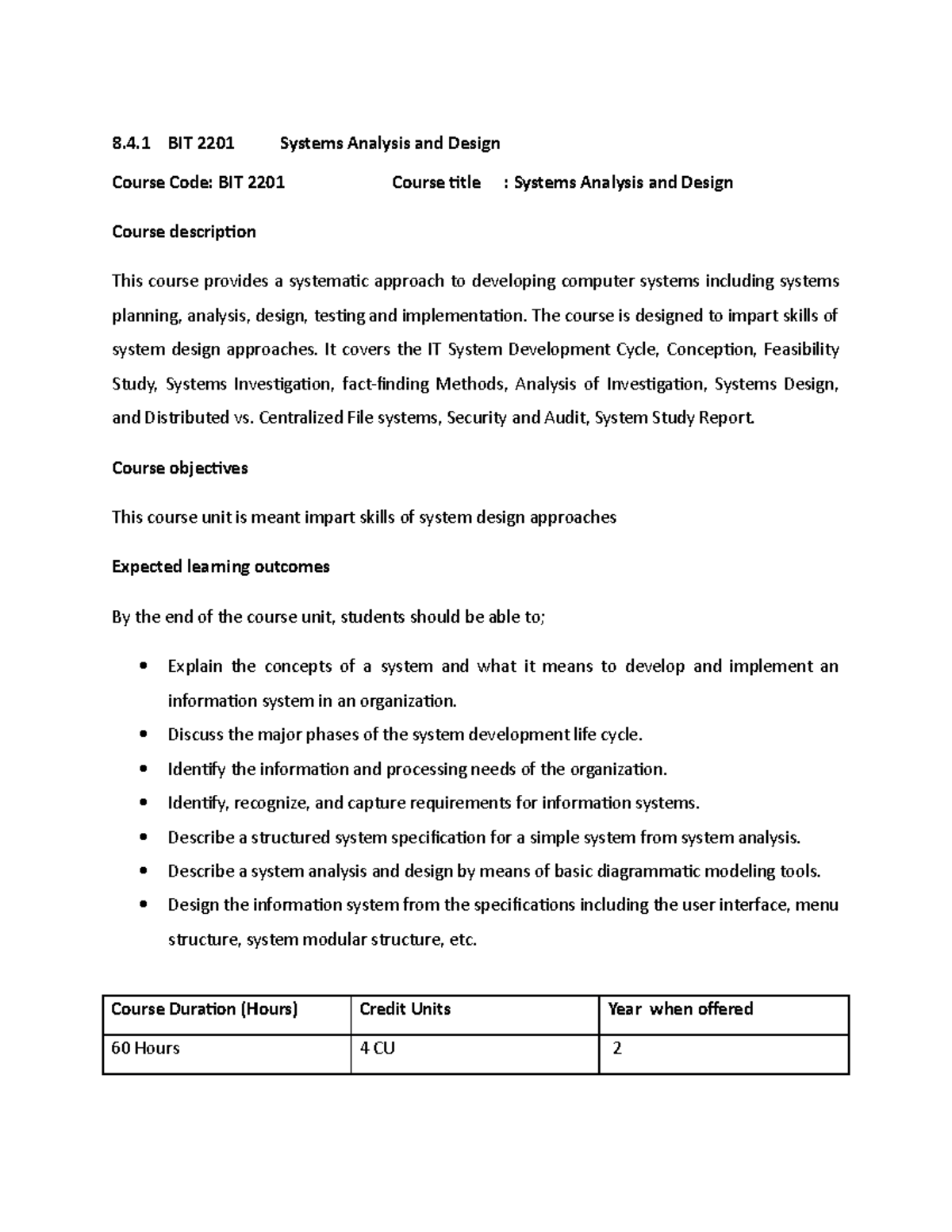 Course outline - 8.4 BIT 2201 Systems Analysis and Design Course Code ...