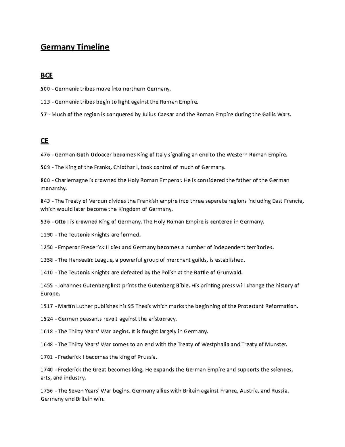 Germany Timeline and History - Germany Timeline BCE 500 - Germanic ...