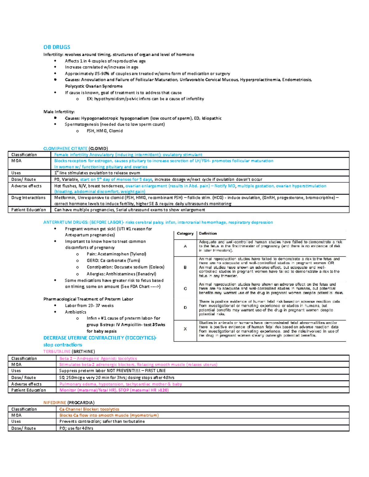 OB Drugs - notes - OB DRUGS Infertility: revolves around timing ...