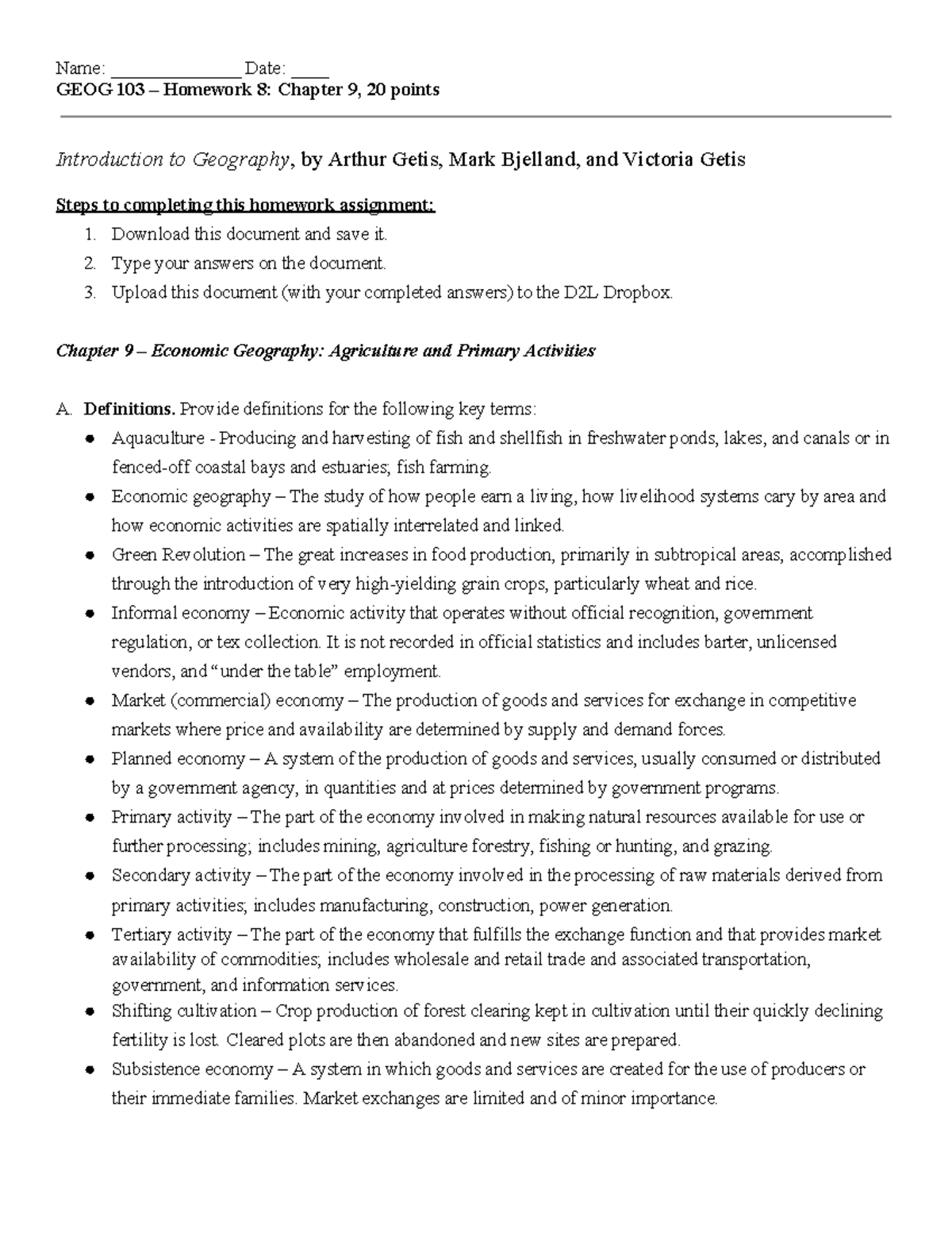 GEOG 100 Hw 8 Ch 9 - Geography homework number 8 for chapter 9 - Name ...