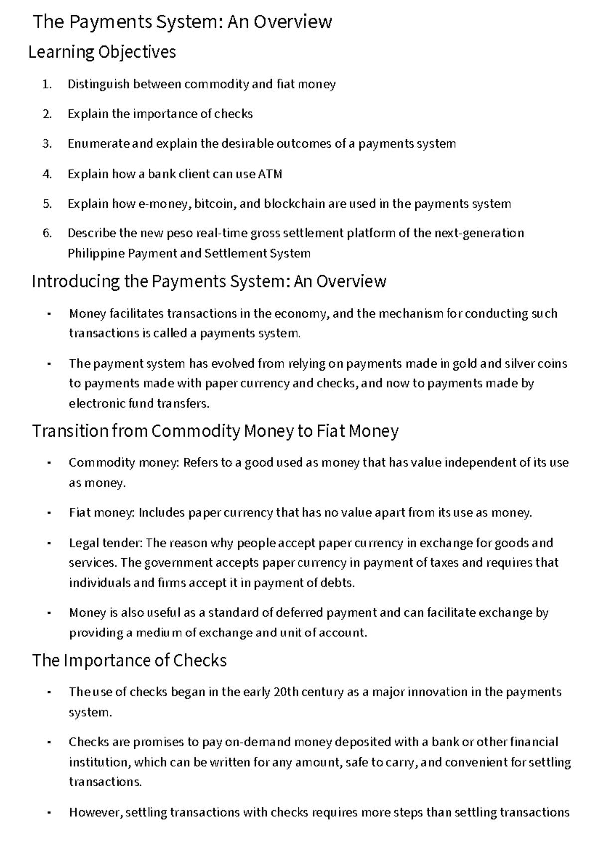 The Payment System - Notes - The Payments System: An Overview Learning ...