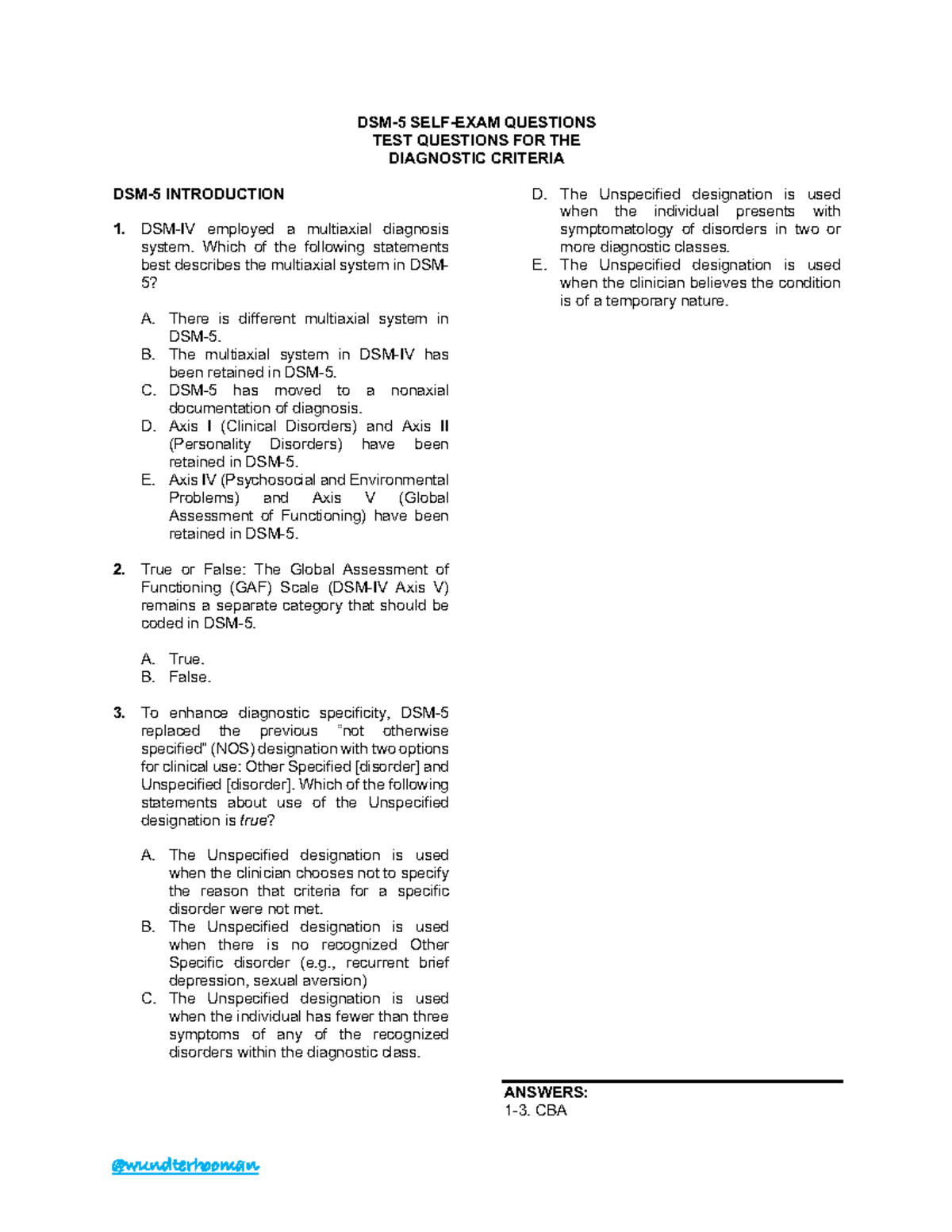Copy of DSM-5 Questions - DSM-5 SELF-EXAM QUESTIONS TEST QUESTIONS FOR ...