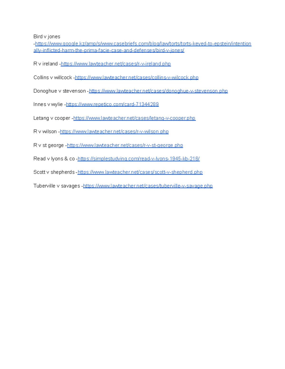Tort cases case summary link - Bird v jones - Studocu