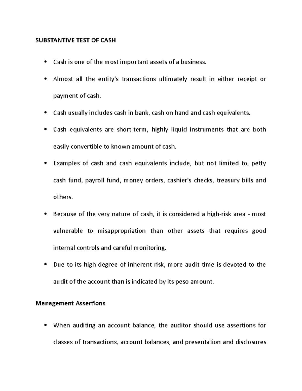 Substantive TEST OF CASH - SUBSTANTIVE TEST OF CASH Cash is one of the ...