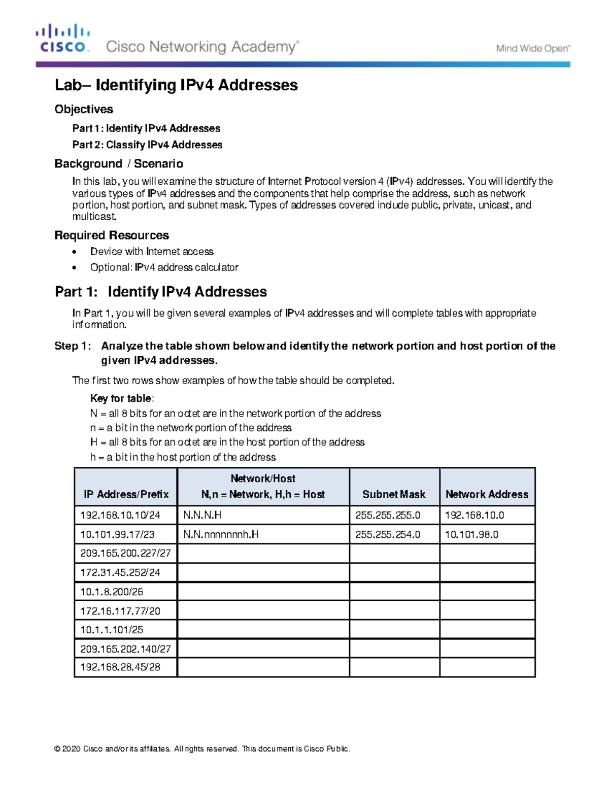 Lab 1.2 Identifying IPv4 Addresses to binary - © 2020 Cisco and/or its ...
