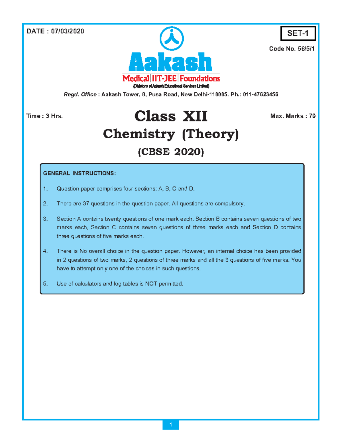 Chemistry (Theory) - (07-03-2020) Sol Final - Regd. Office : Aakash ...