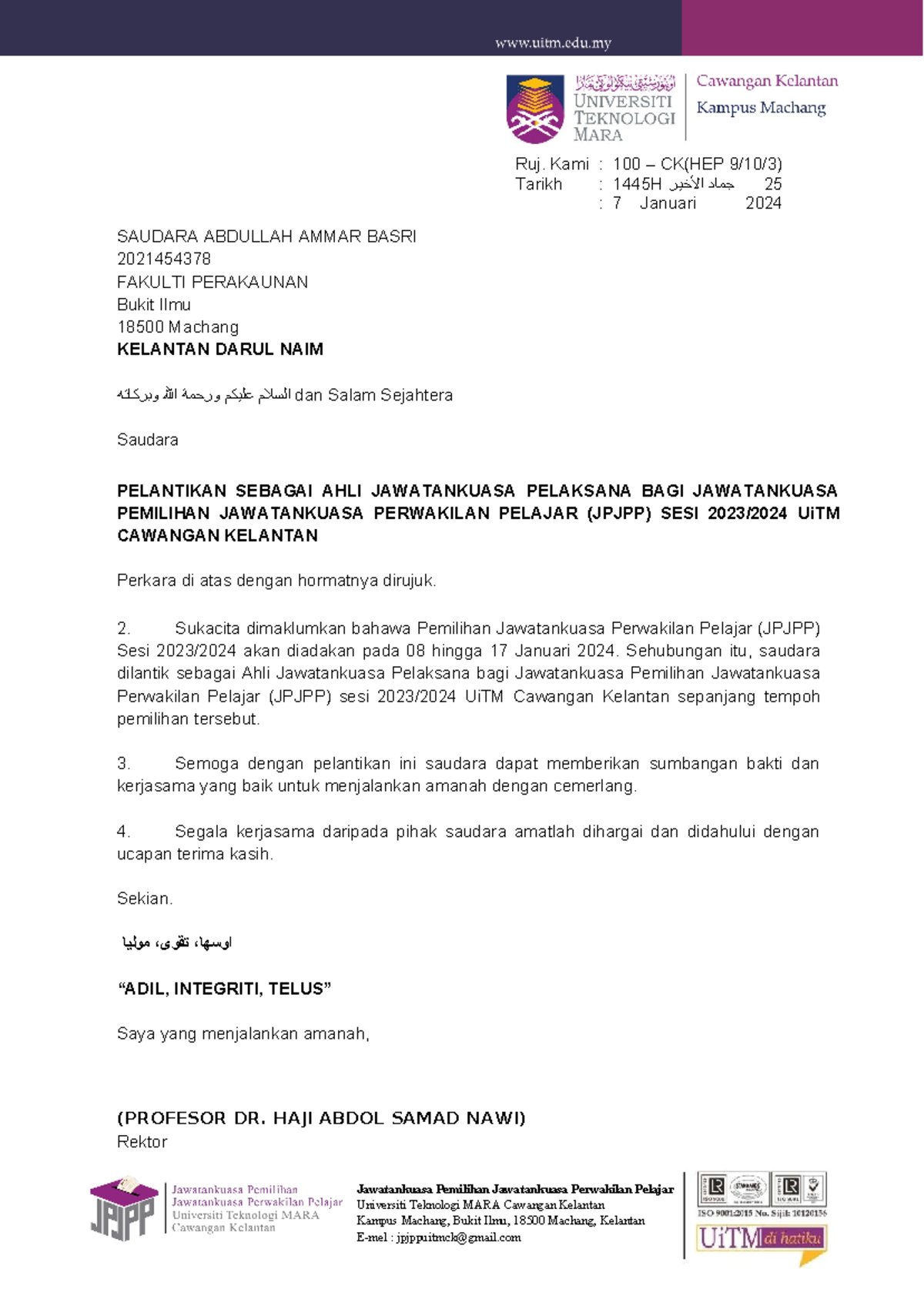 Surat Perlantikan AJK Pelaksana Pemilihan JPP Abdullah Ammar Basri - Jawatankuasa Pemilihan ...