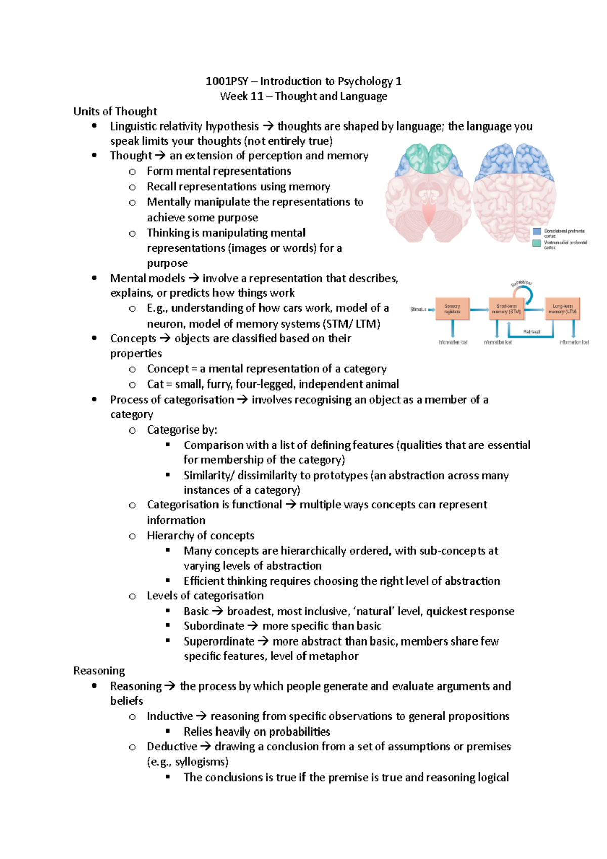 Week 11 Lecture Notes - 1001PSY – Introduction to Psychology 1 Week 11 ...