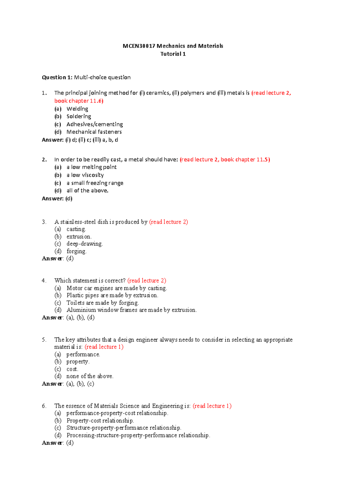 Materials-Tutorial 1-v1-Answers - MCEN30017 Mechanics and Materials Tutorial 1 Question 1 ...