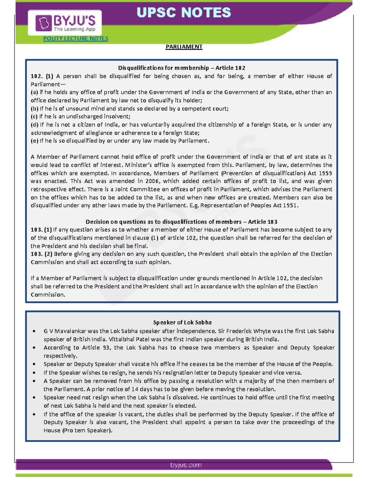 Polity-11 - important polity notes - POLITY LECTURE NOTES PARLIAMENT ...