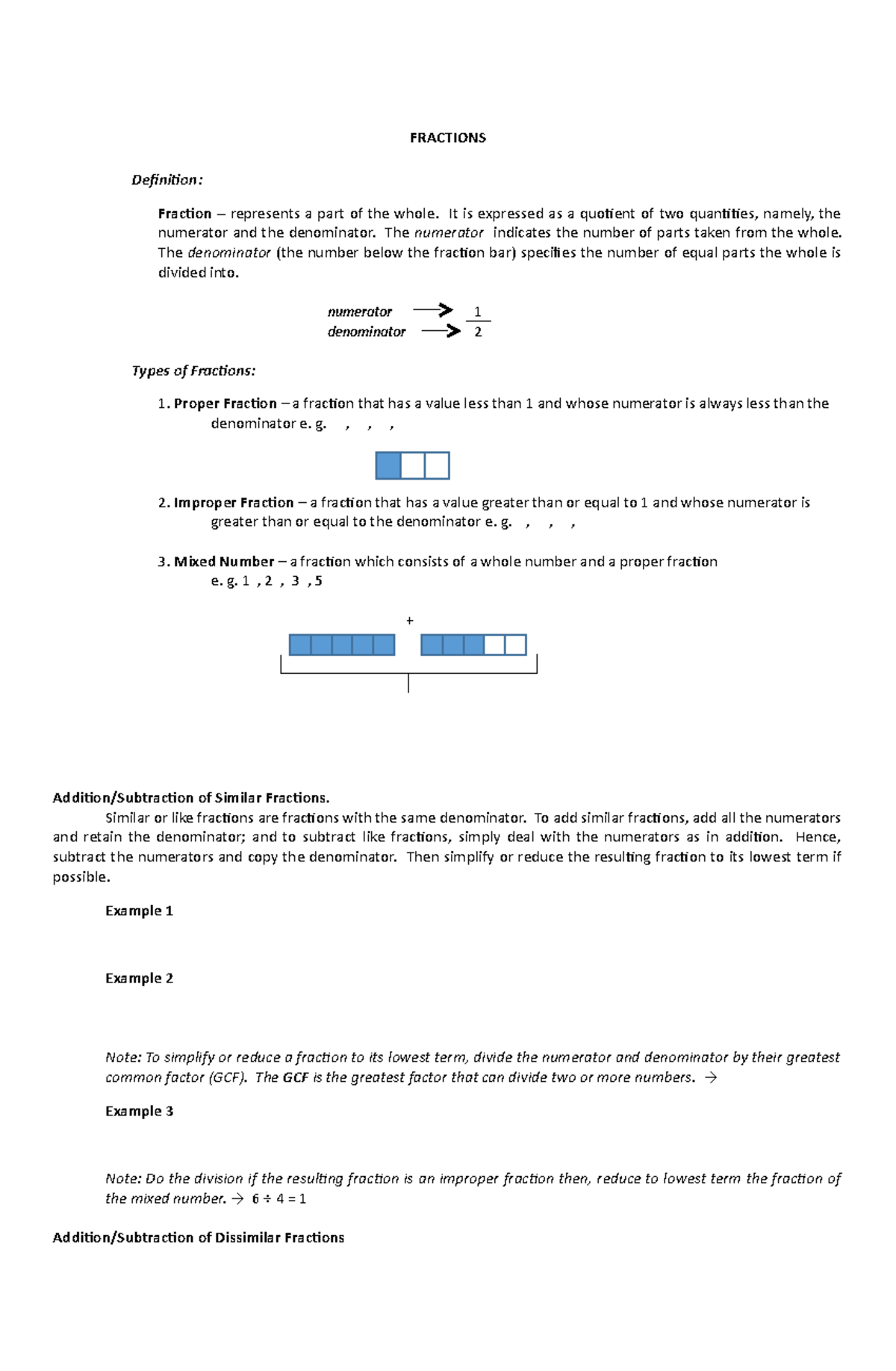 Fractions - FRACTIONS Definition: Fraction – represents a part of the ...