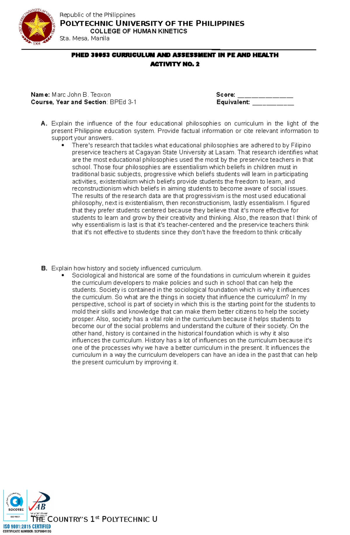Marc john Teoxon - Activity No. 2 - PHED 30053 CURRICULUM AND ...
