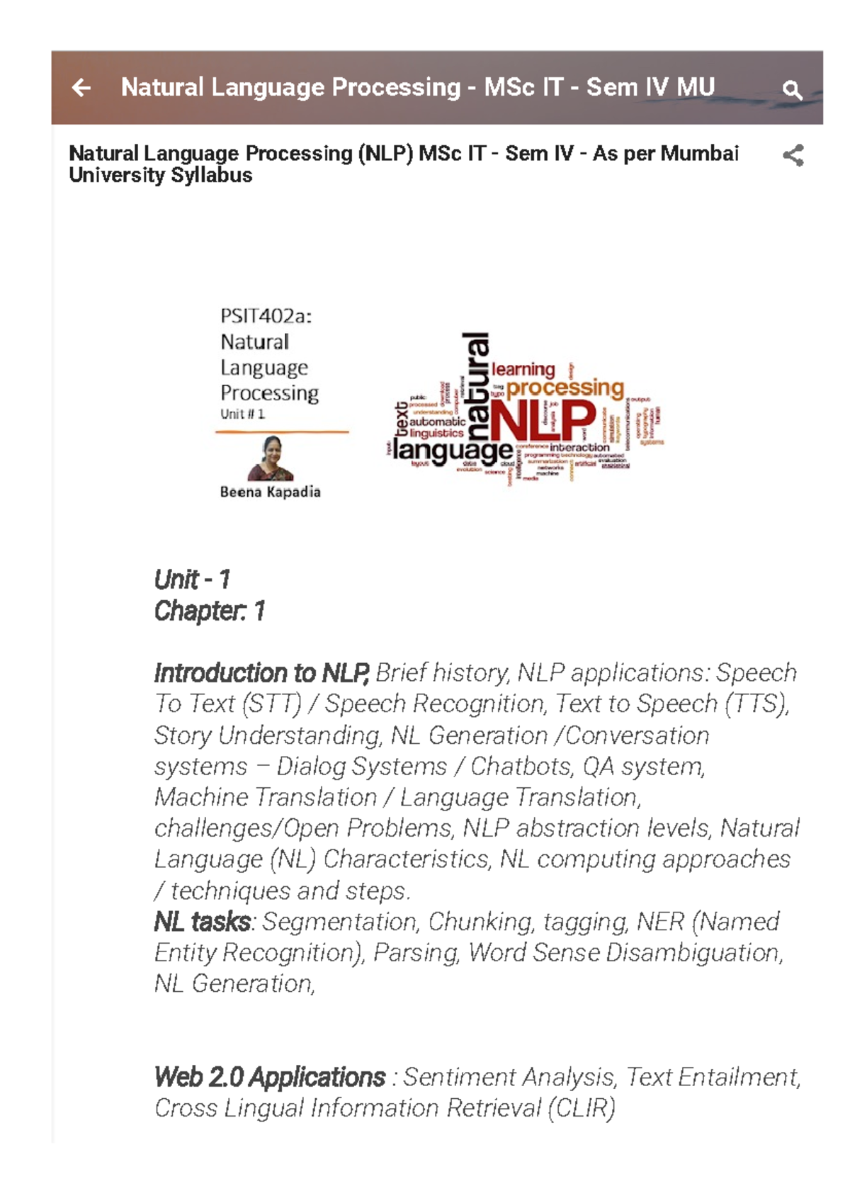 Nlp - Please give me all unit notes - Natural Language Processing - MSc ...
