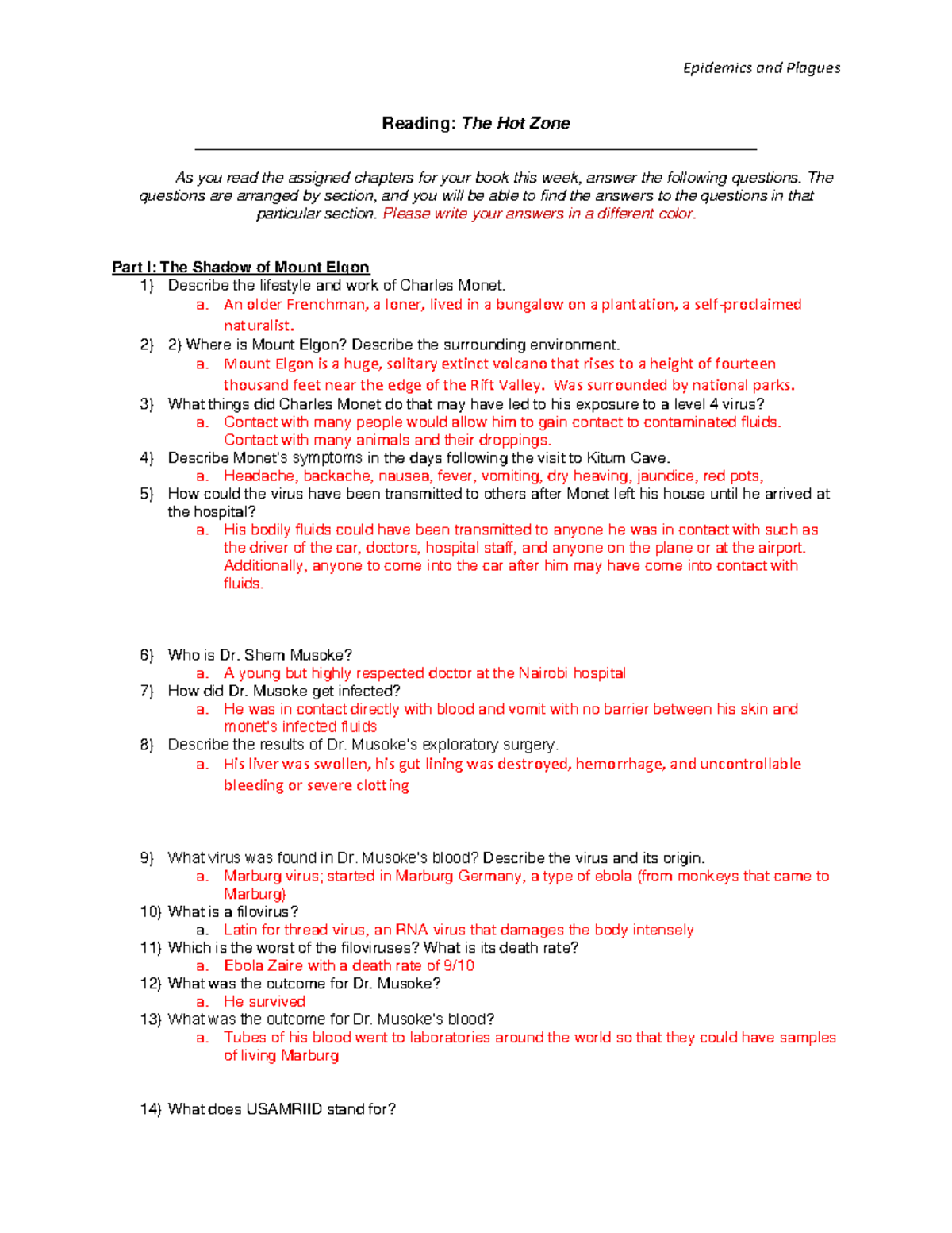 The Hot Zone Questions Part 1-1 - Epidemics and Plagues Reading: The ...