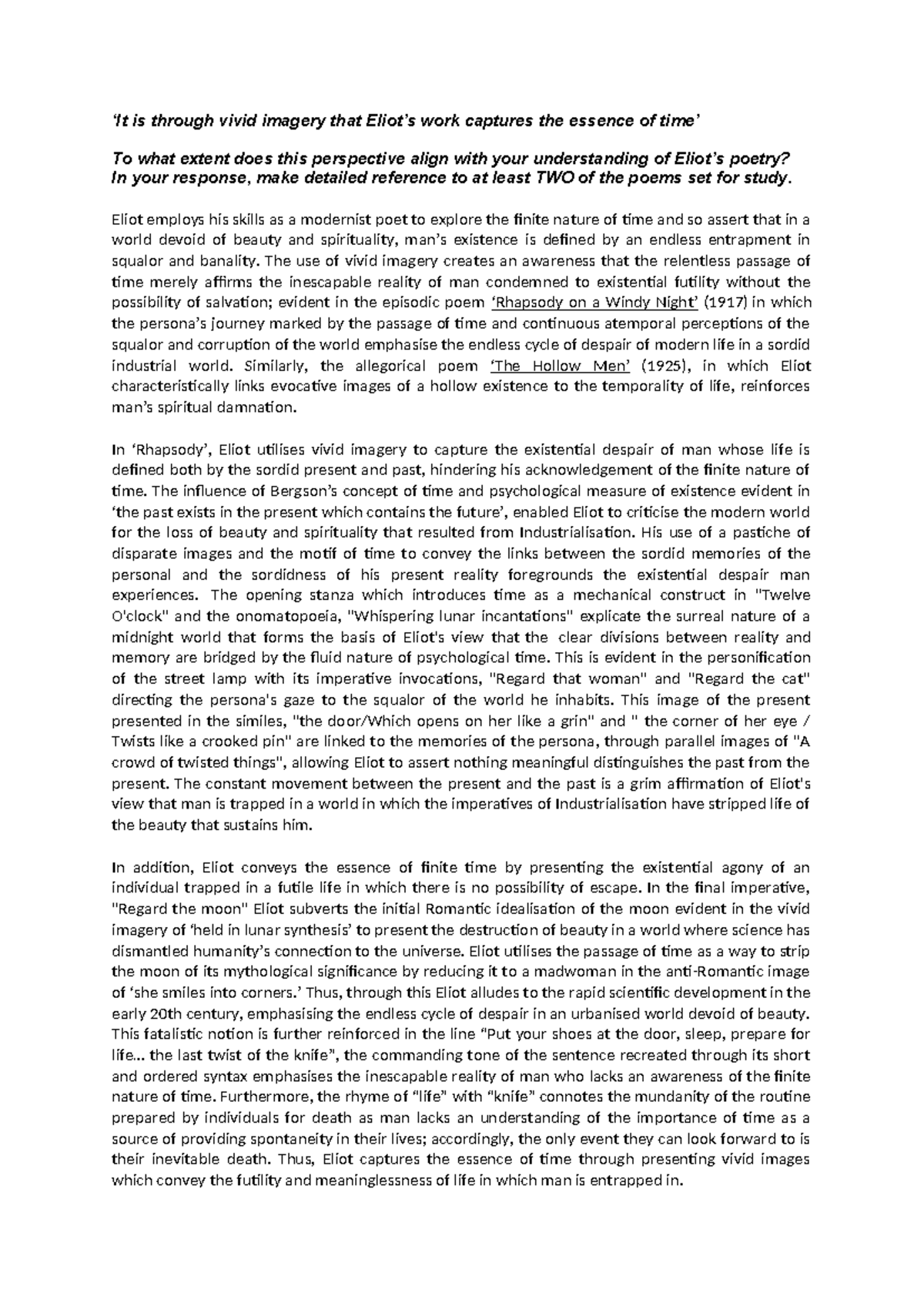 T.S Eliot essay - ‘It is through vivid imagery that Eliot’s work ...