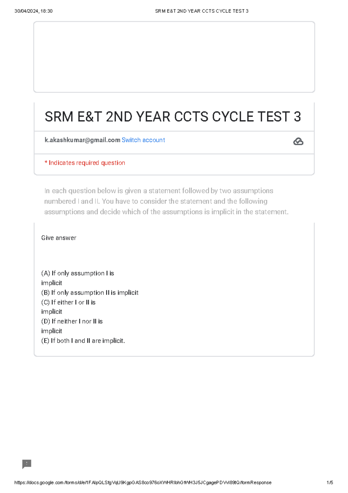 SRM E&T 2ND YEAR CCTS Cycle TEST 3 - In each question below is given a ...