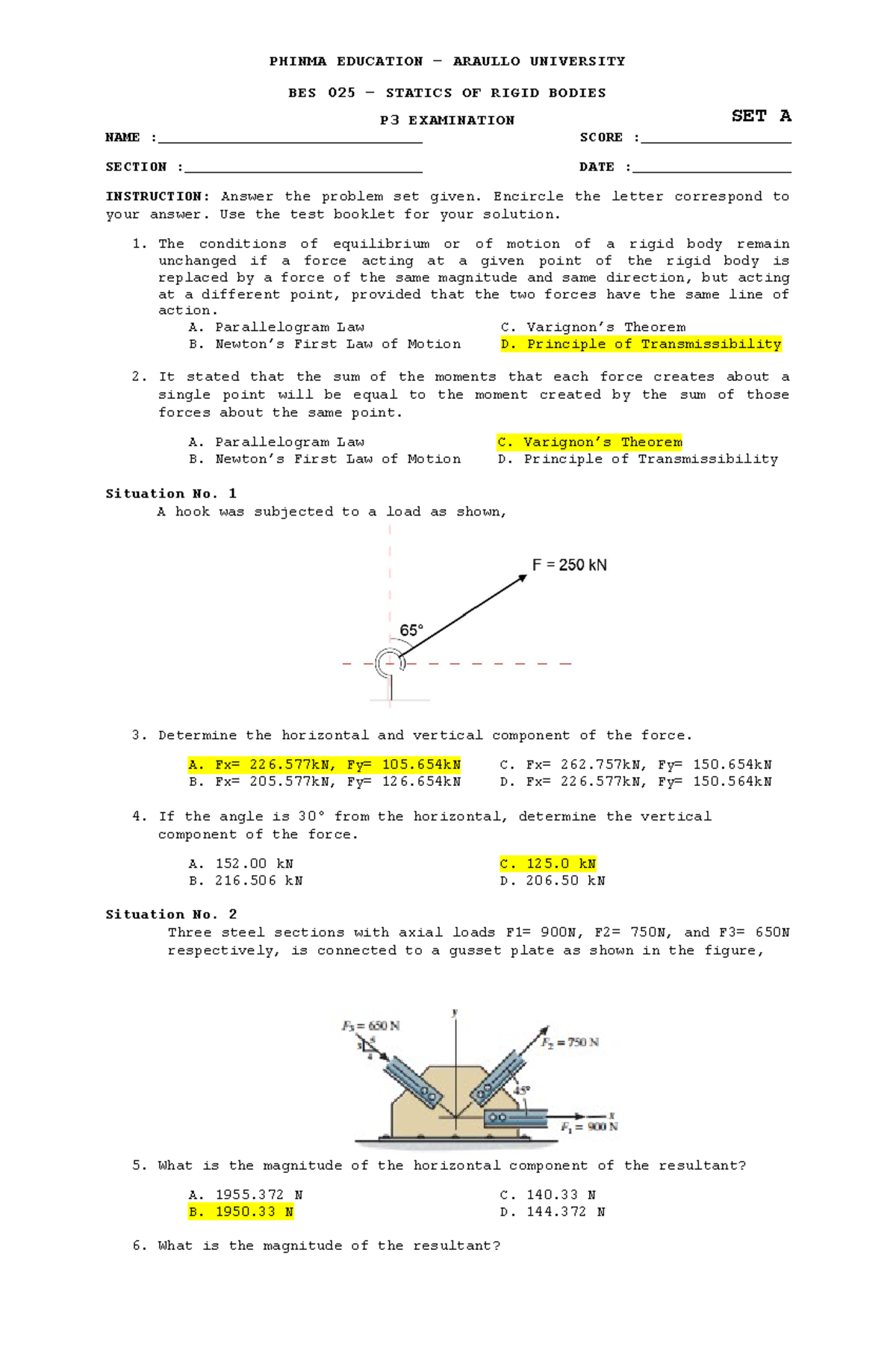 BES 025 P3 Examination SET A - SET A BES 025 – STATICS OF RIGID BODIES ...