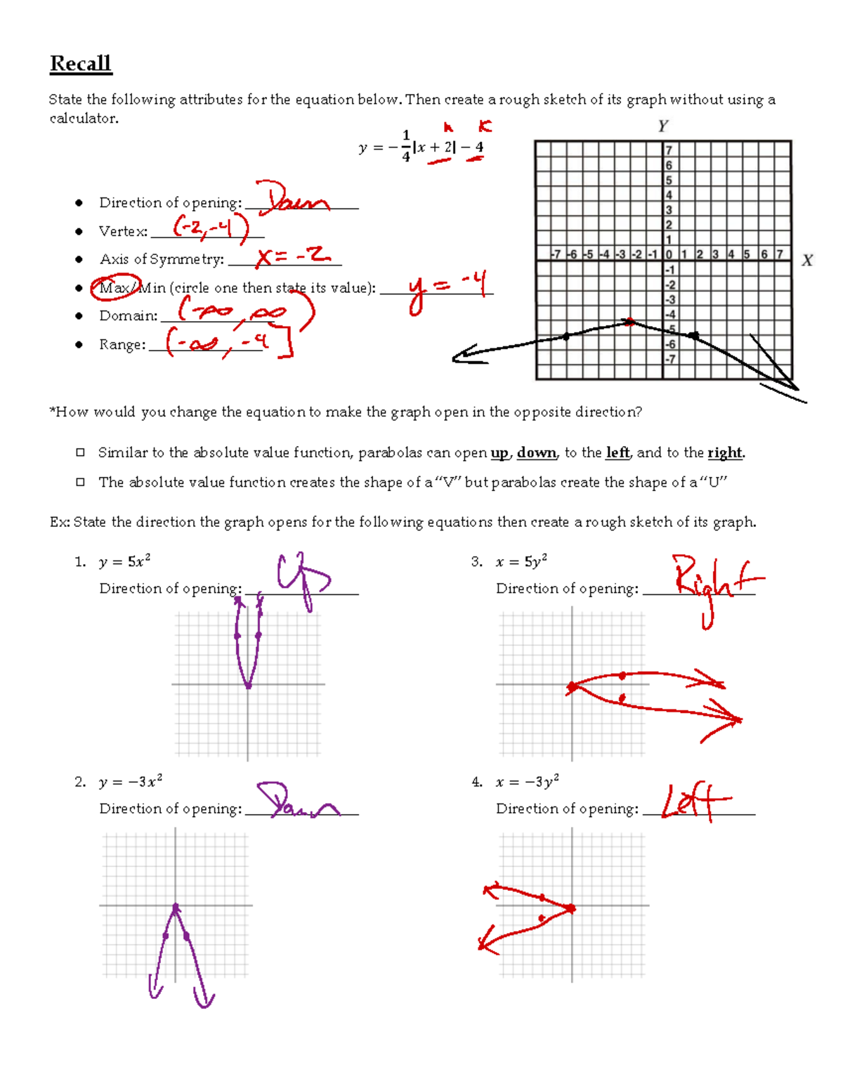 APA Algebra 2 - Attributes of Parabolas Notes Key - Recall State the ...