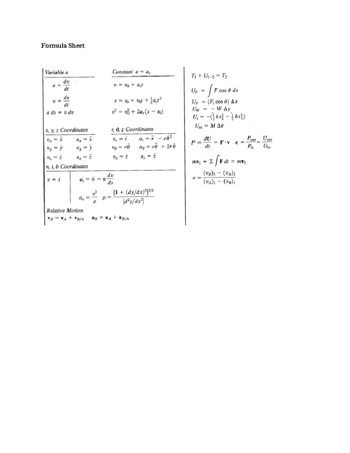 Formula Sheet - ECOR 1048 - Carleton - Studocu