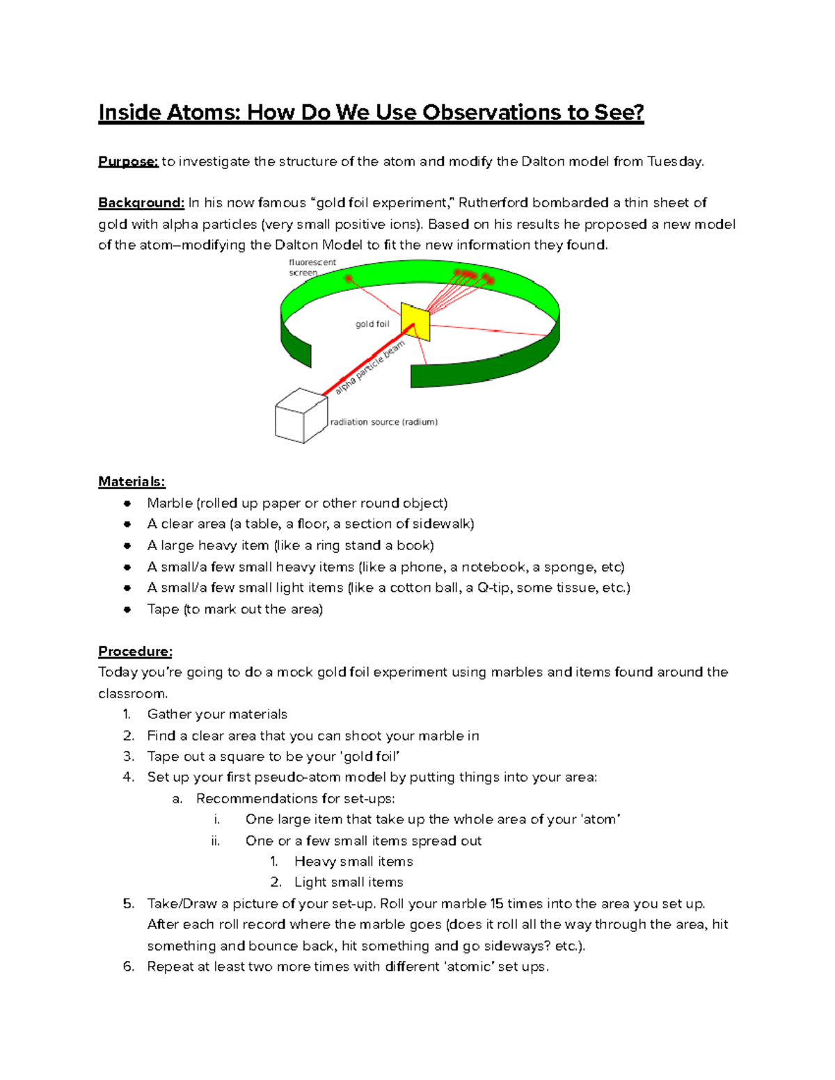 Copy of Day 3 Gold Foil Lab - Inside Atoms: How Do We Use Observations ...