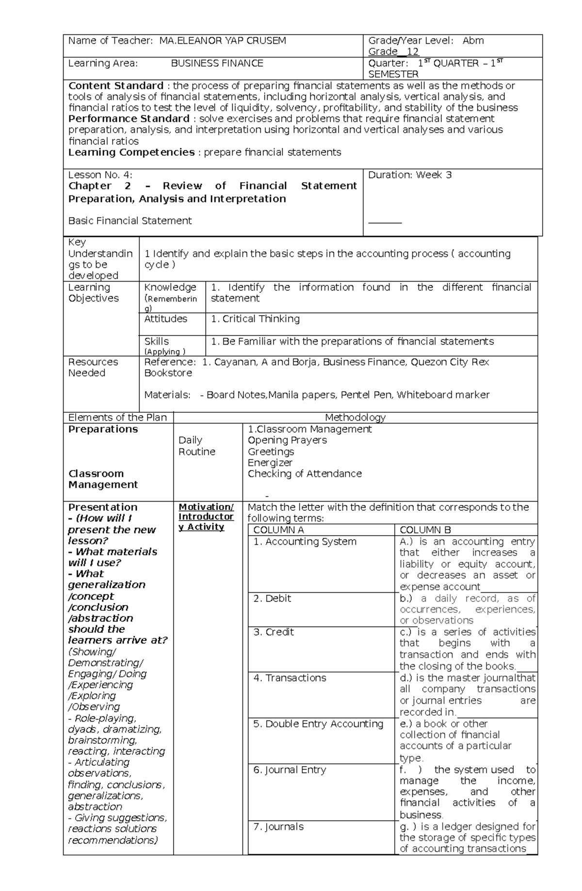 BF - Lesson Plan - Name of Teacher: MA YAP CRUSEM Grade/Year Level: Abm ...