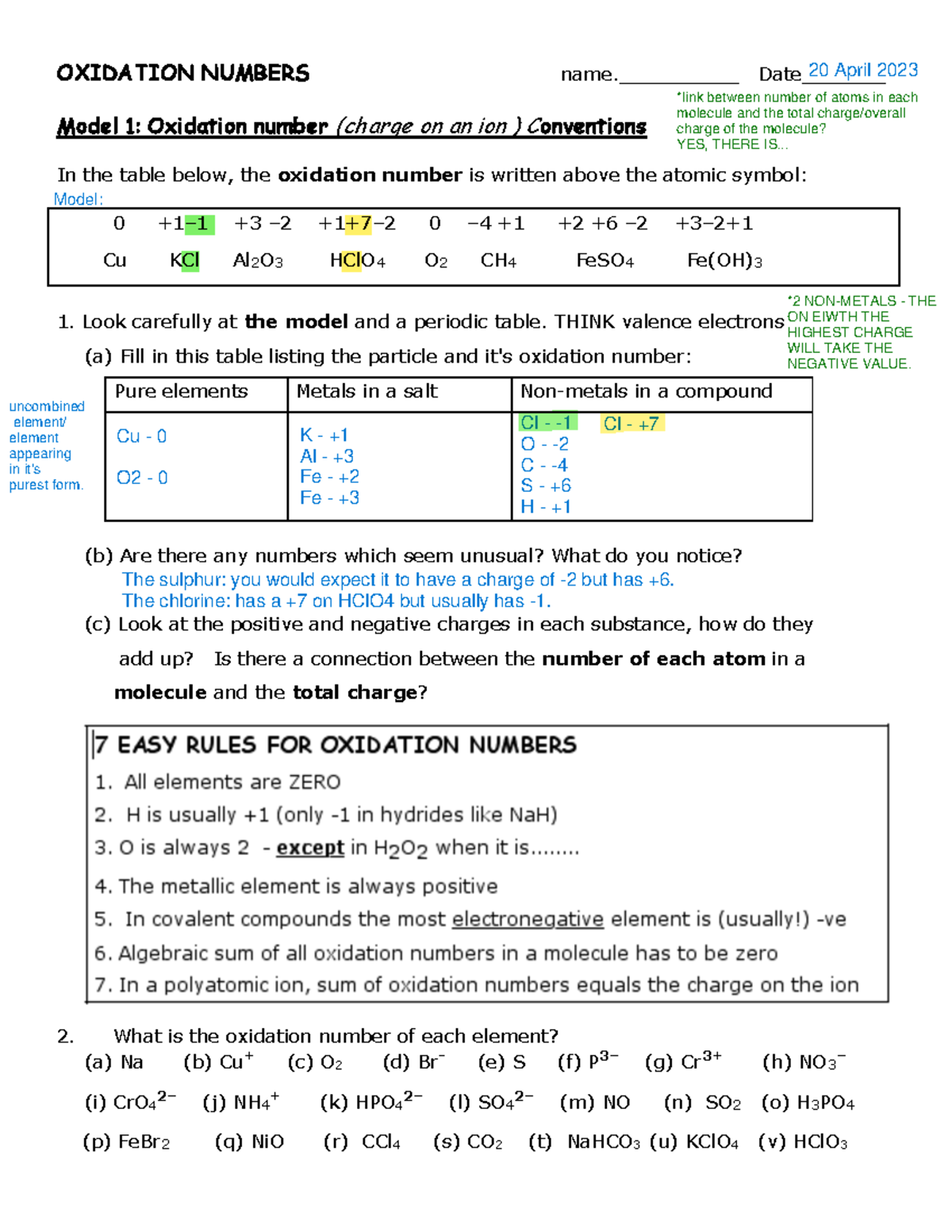 Oxidation numbers exercise 2 - OXIDATION NUMBERS name.__________ Date ...