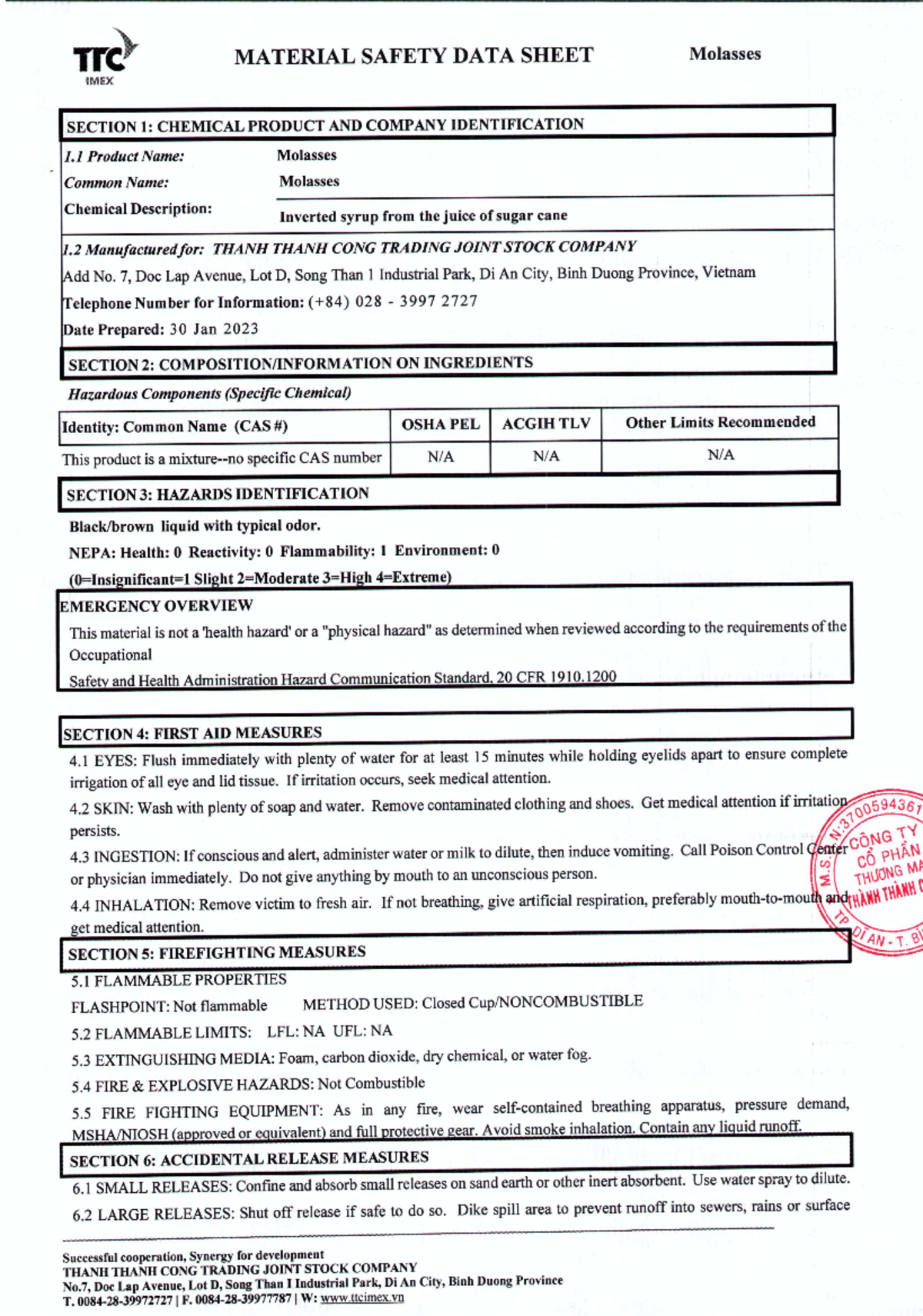MSDS - Molasses - 01 - Hương dẫn hàng - MATERIAL SAFETY DATA SHEET ...