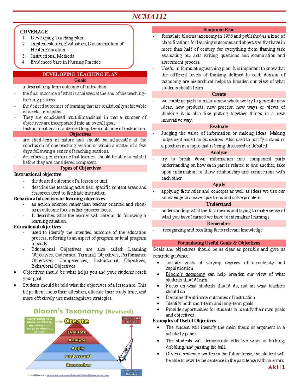 ️NCMA112 - Good luck - NCMA DEVELOPING TEACHING PLAN Goals a desired ...
