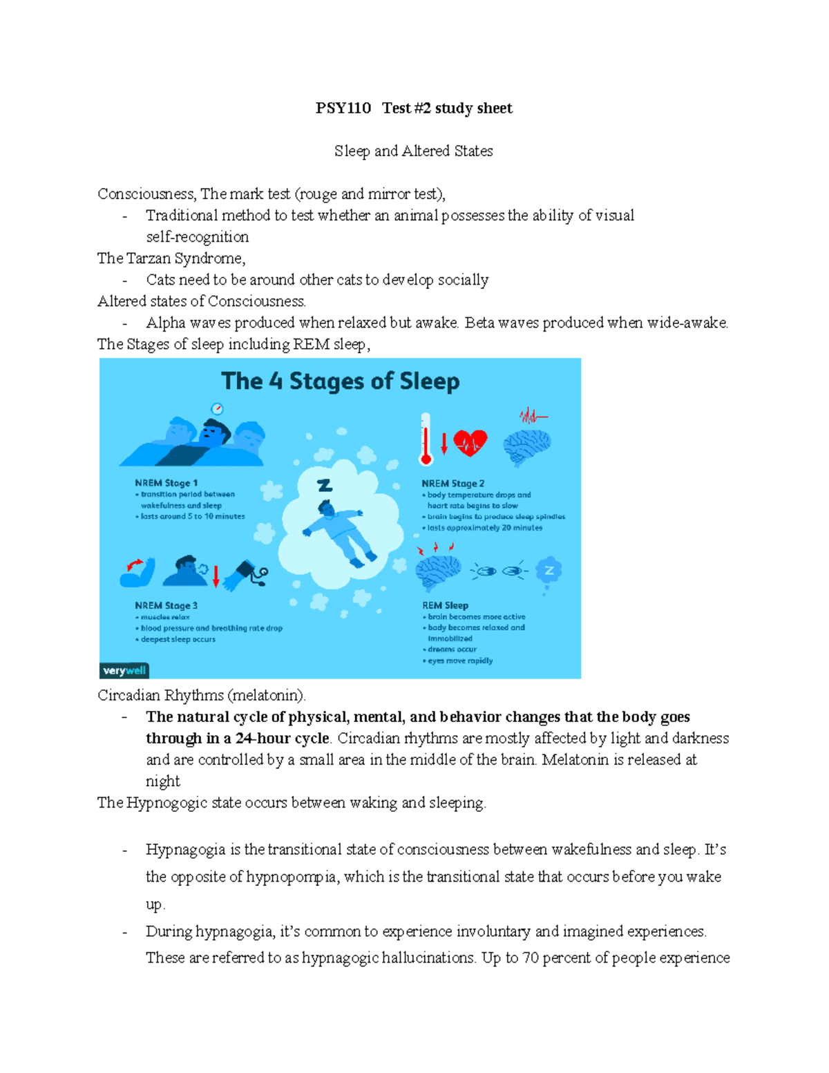 PSY110 Test 2 Study Guide - PSY110 Test #2 study sheet Sleep and ...