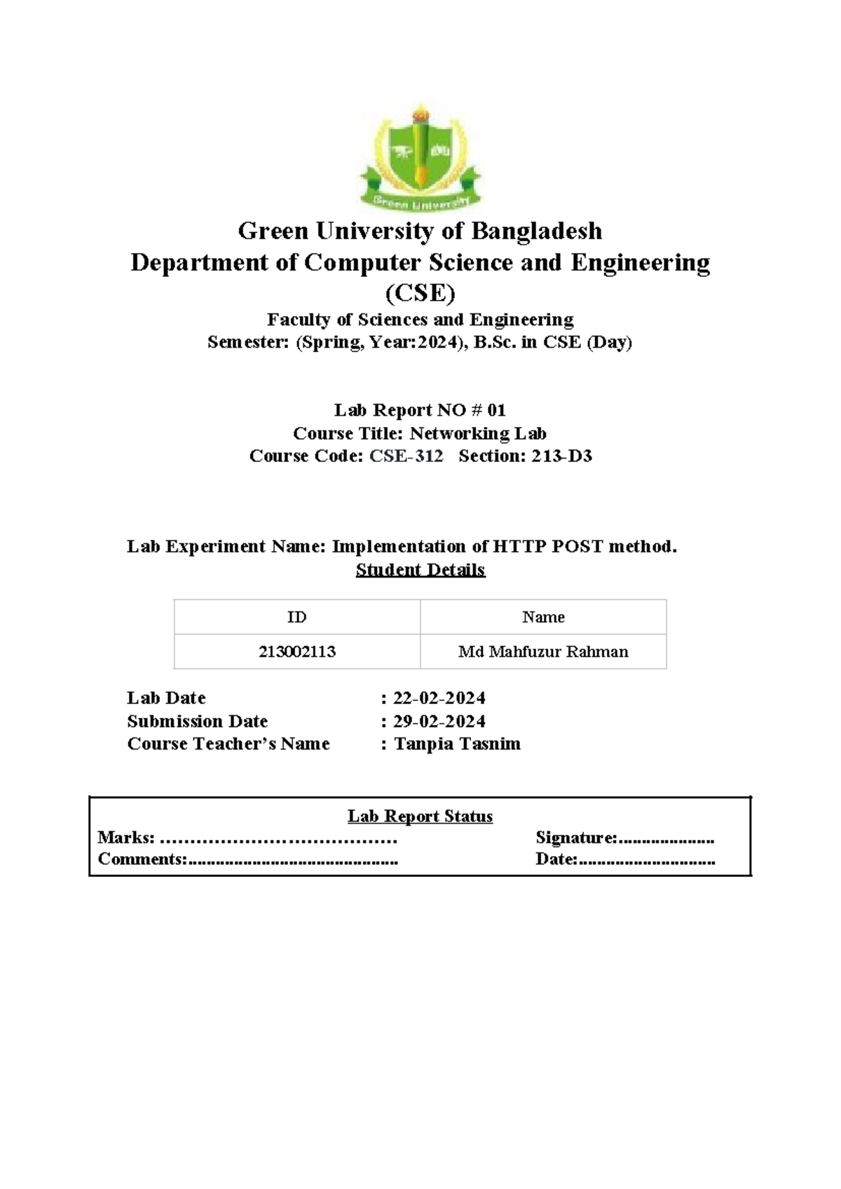 Networking Lab report 1-213002113 - Green University of Bangladesh ...
